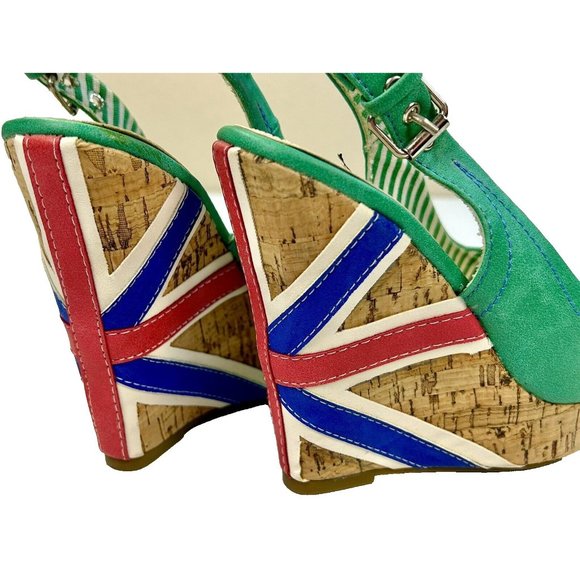 Shoes | Y2k Italian Union Jack Green Cork Wedge Sandal Platform Heels ...